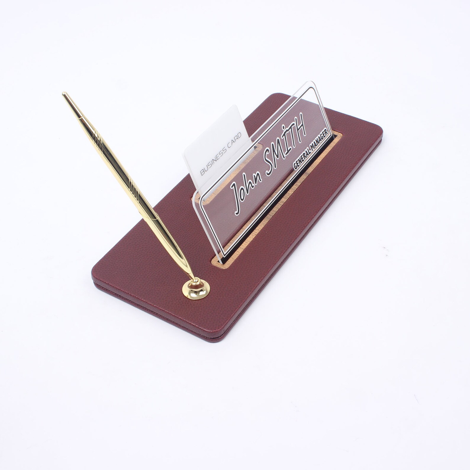Maroon Leather Desk Name Plate: Modern Office Decor With Pen & Card ...