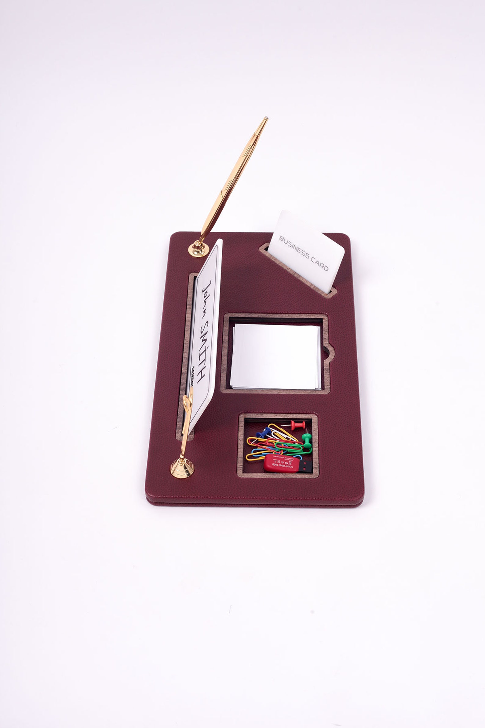Personalized Desk Name Plate Maroon Leather Organizer Business Card ...