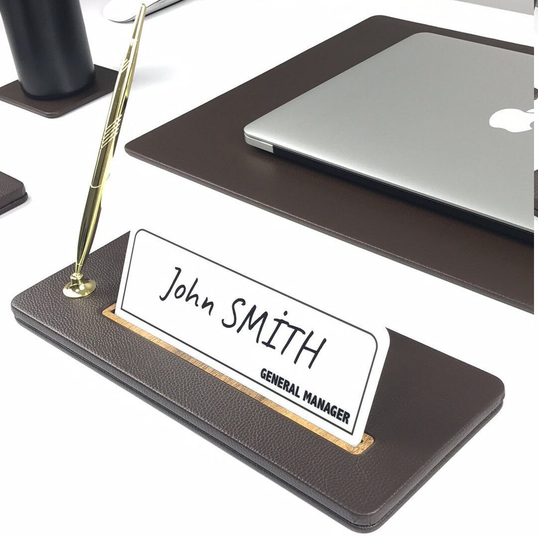 Desk Name Plate Leather Brown / Desk Name Accessories / Customizable ...