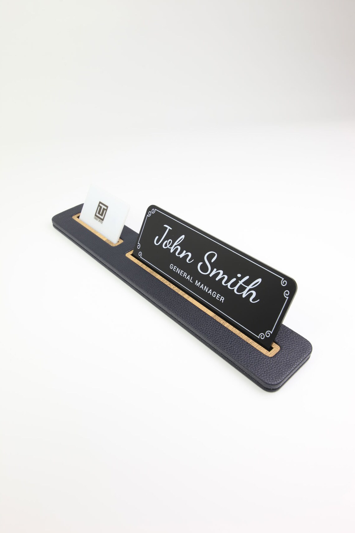 Leather Table Name Plate and Business Card Holder Black / Office Gift ...