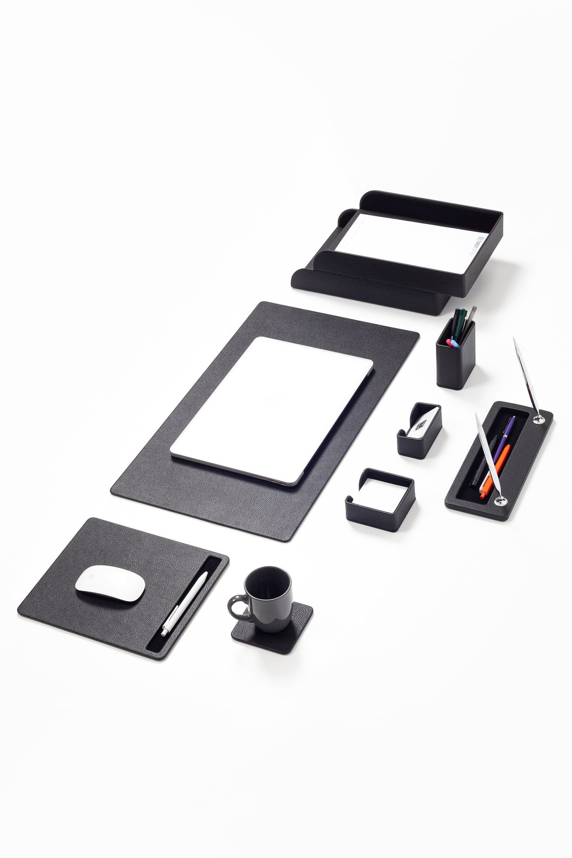 Milan Leather Desk Set Black 9 Pcs / Office Desk Organizer / Leather ...