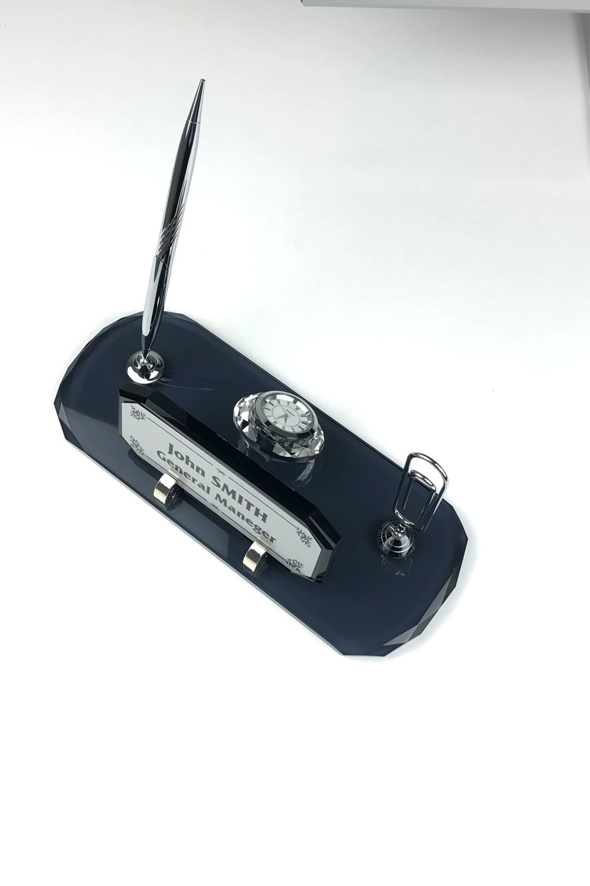 Crystal Desk Name Plate / Personalized Pen Holder / Crystal Desk Clock ...