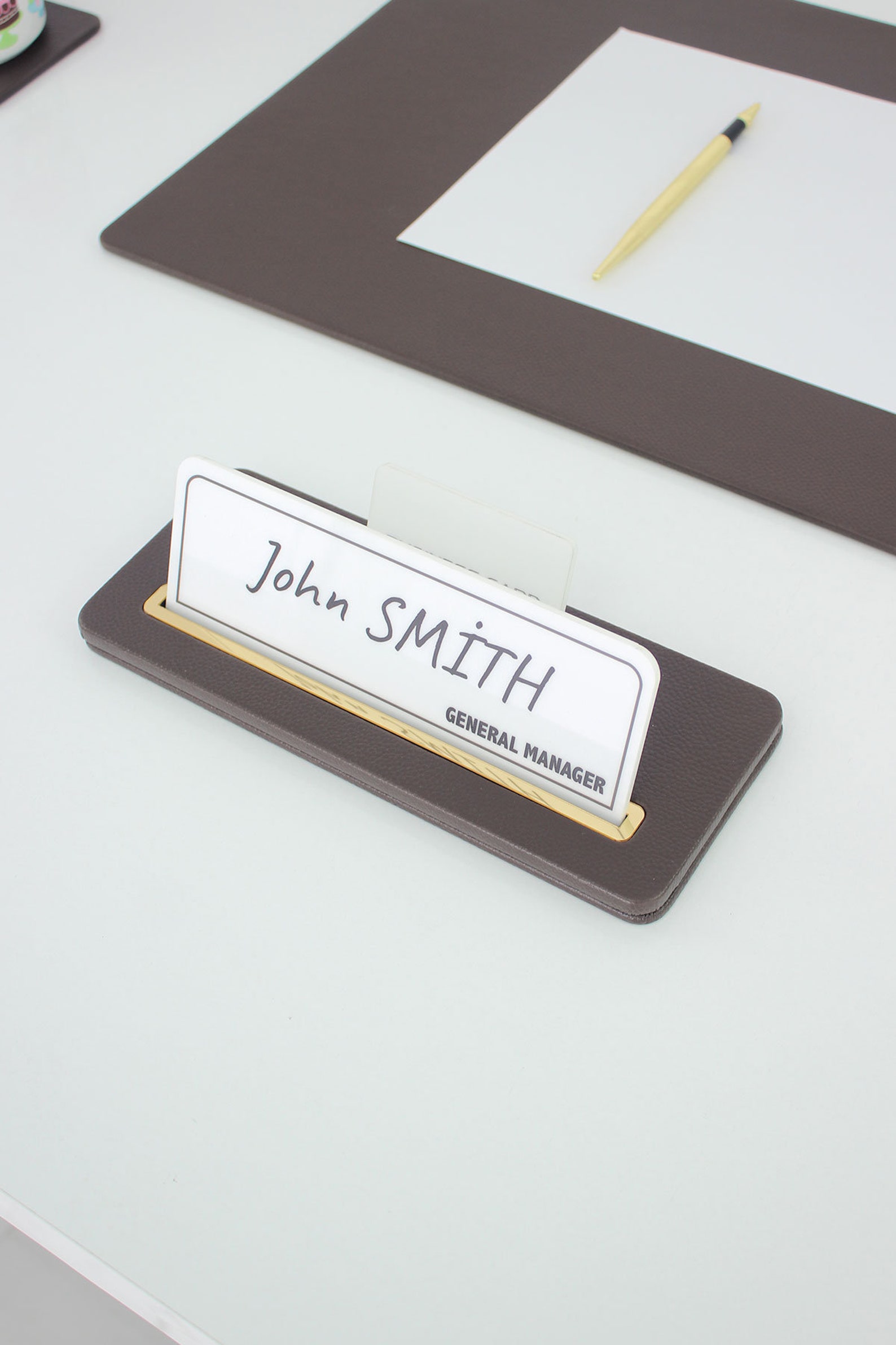 Lather Desk Name Plate Brown With Card Holder / Customizable - Etsy