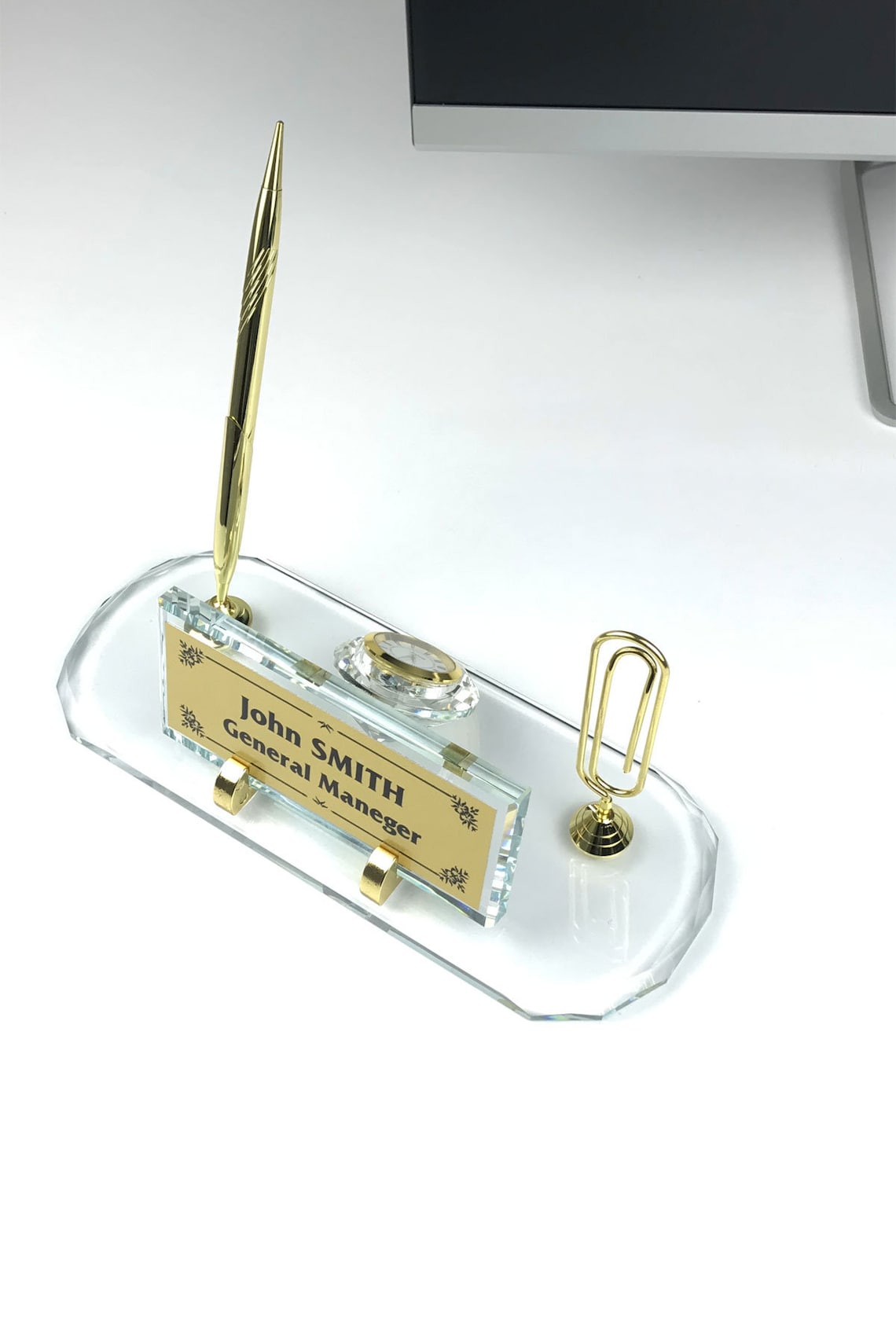 Crystal Desk Name Plate / Personalized Pen Holder / Crystal Desk Clock ...