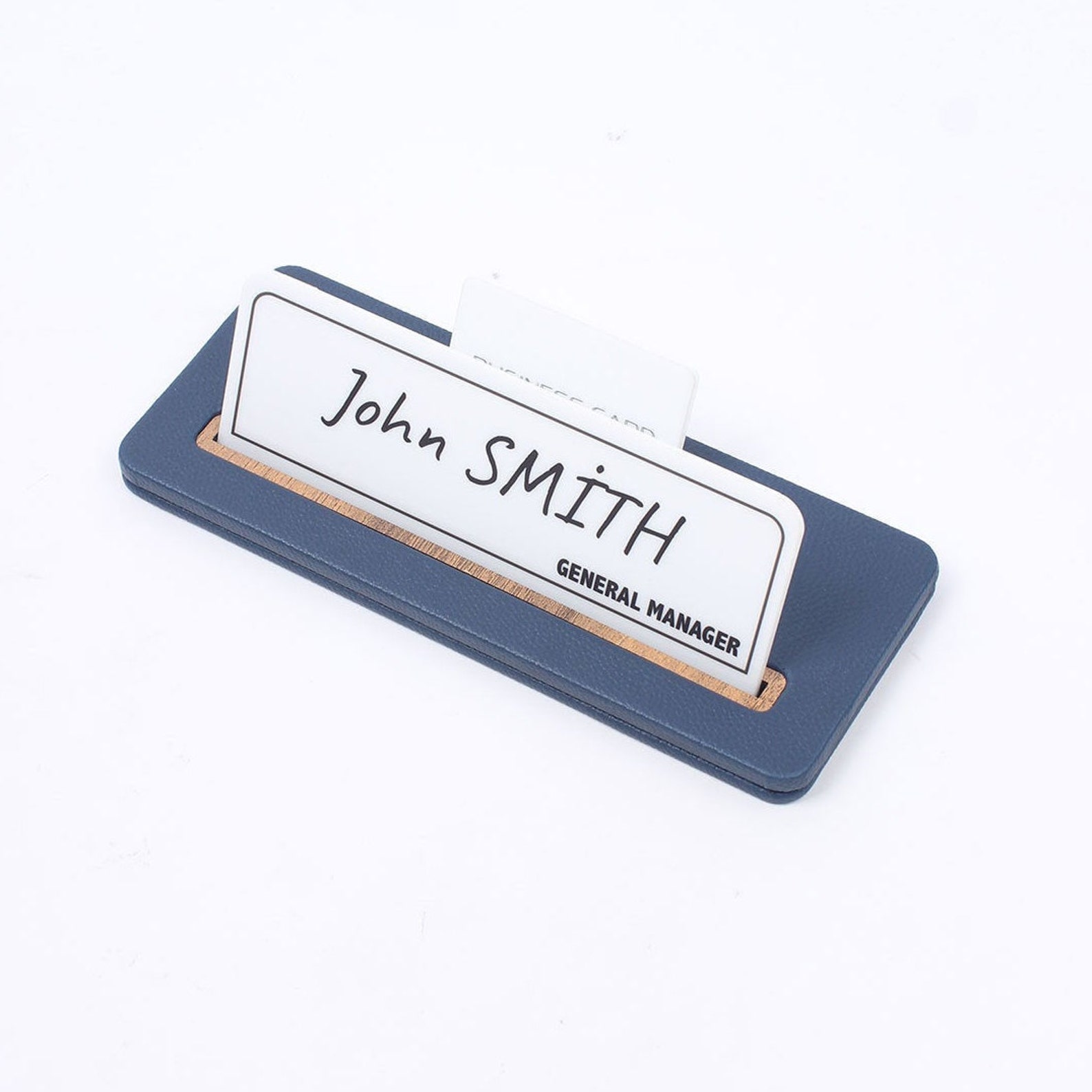 Lather Desk Name Plate Navy Blue With Card Holder / Customizable Modern ...