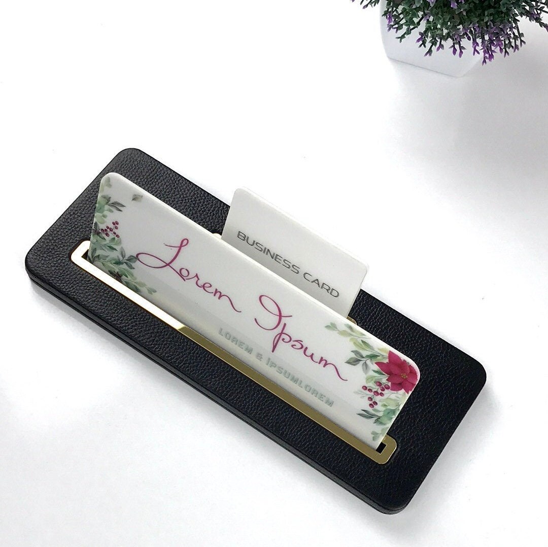 Customizable Leather Desk Name Plate With Card Holder - Etsy
