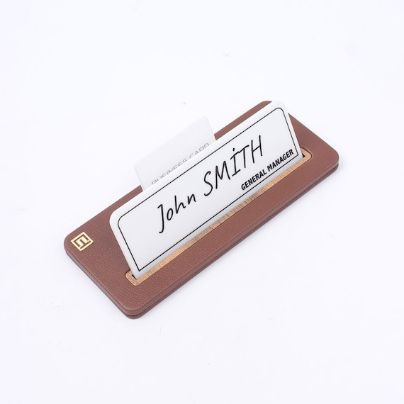 Lather Desk Name Plate Tan With Card Holder / Customizable | Etsy