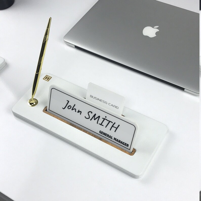 Desk Name Plate Leather White / Desk Name Accessories / Customizable ...