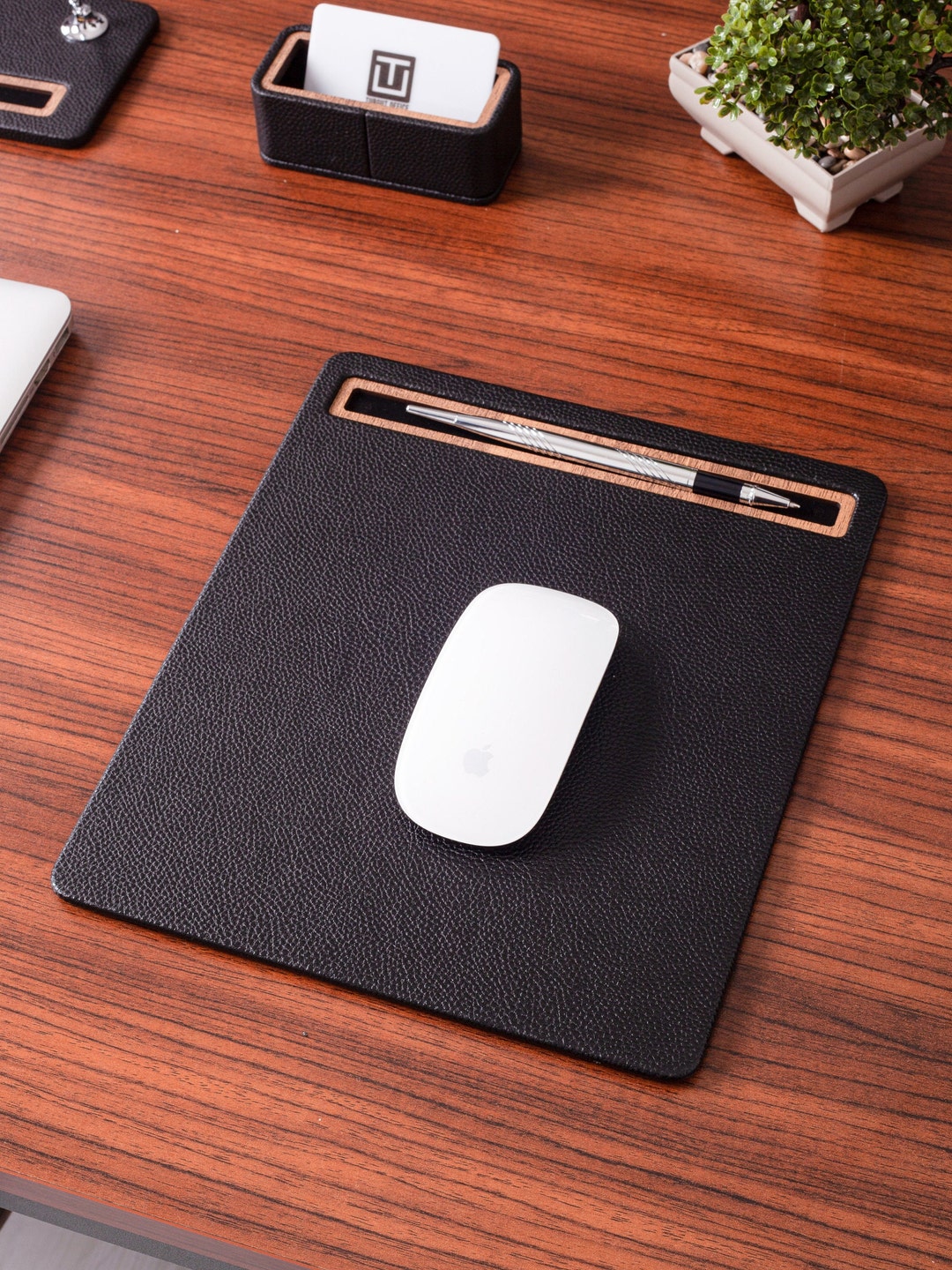 Leather Mouse Pad, Wooden Detail, Pen Holder, Three Different Uses ...
