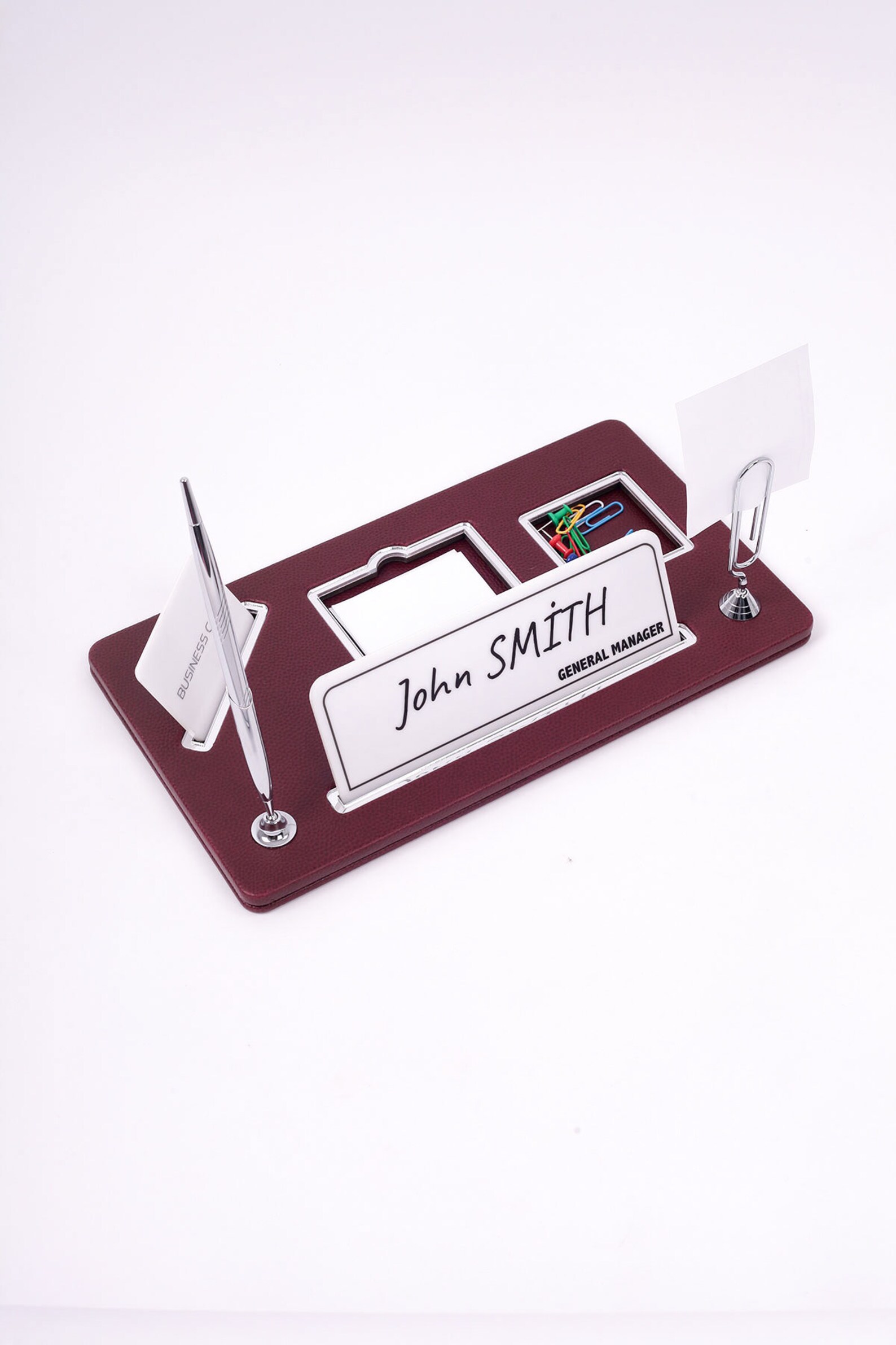 Personalized Desk Name Plate Maroon Leather Organizer Business Card ...