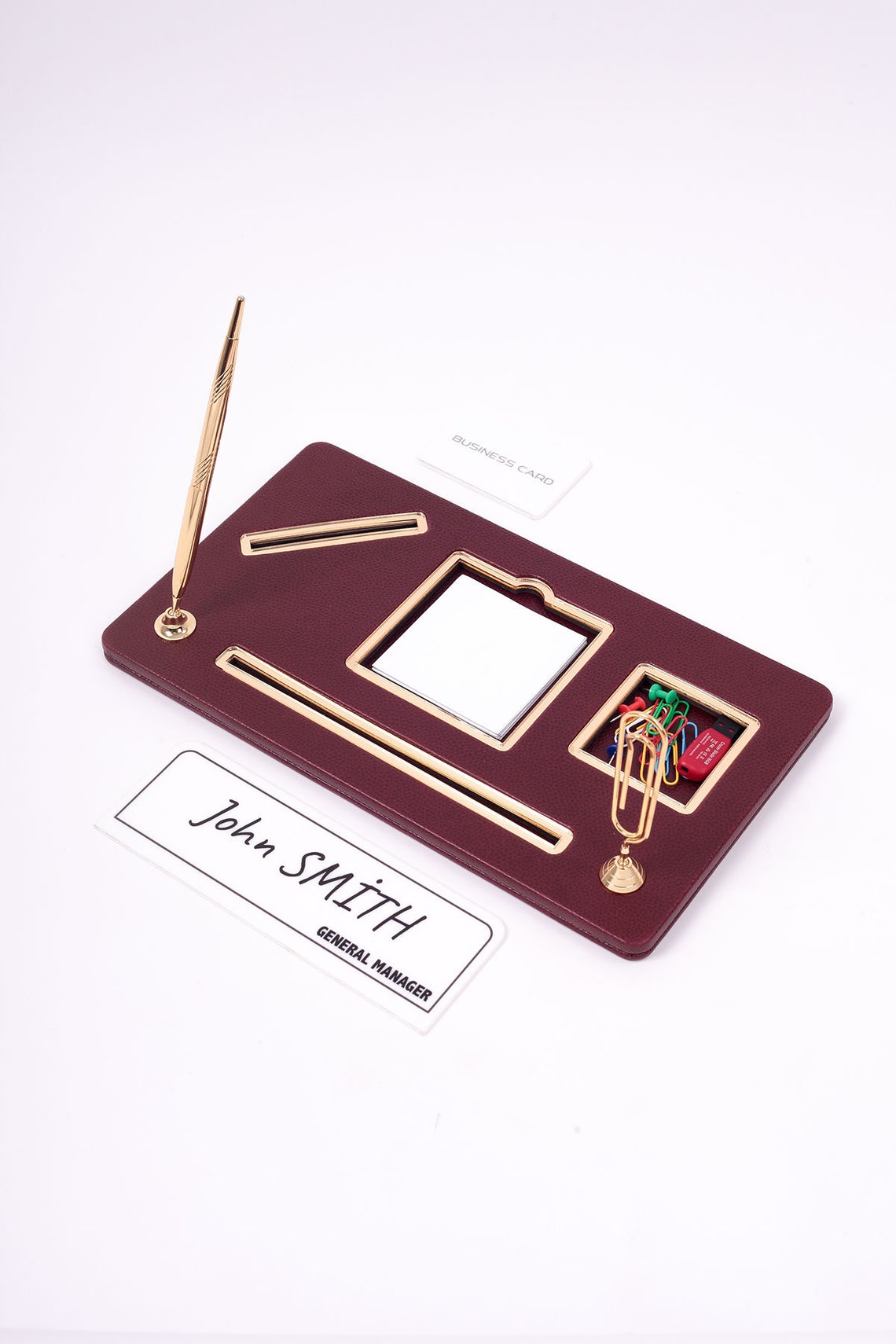Personalized Desk Name Plate Maroon Leather Organizer Business - Etsy