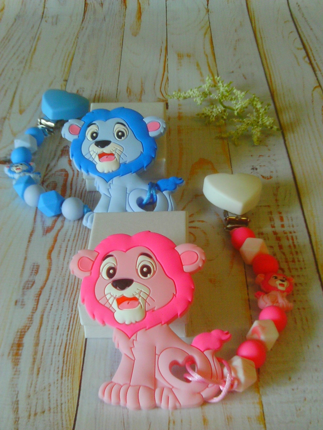 Silicone Blue or Pink Lion Sensory Learning Set With Beaded Chain ...