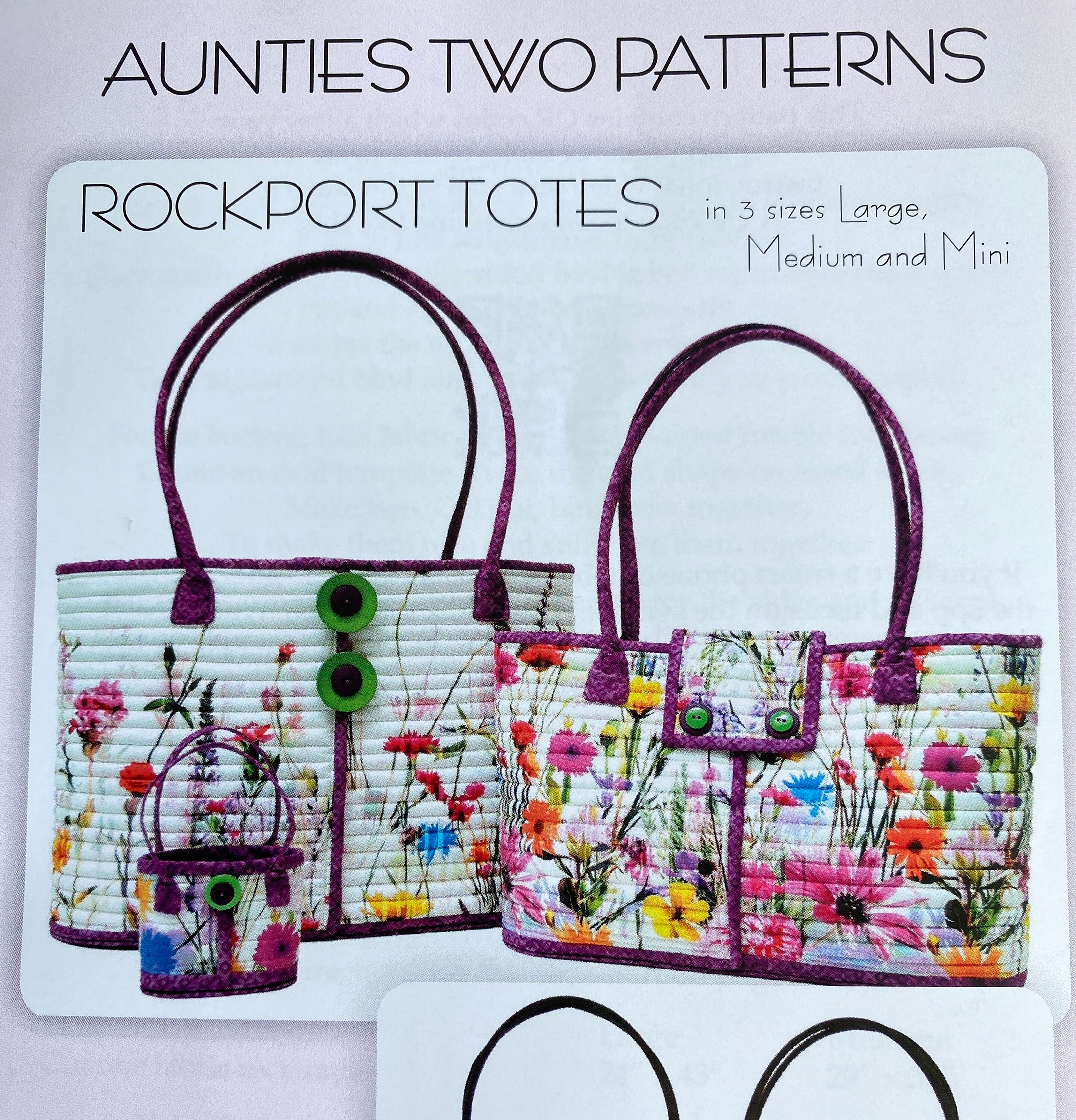 Aunties Two ROCKPORT TOTES Pattern, 1 Yd of Fabric, Whole Cloth Version ...