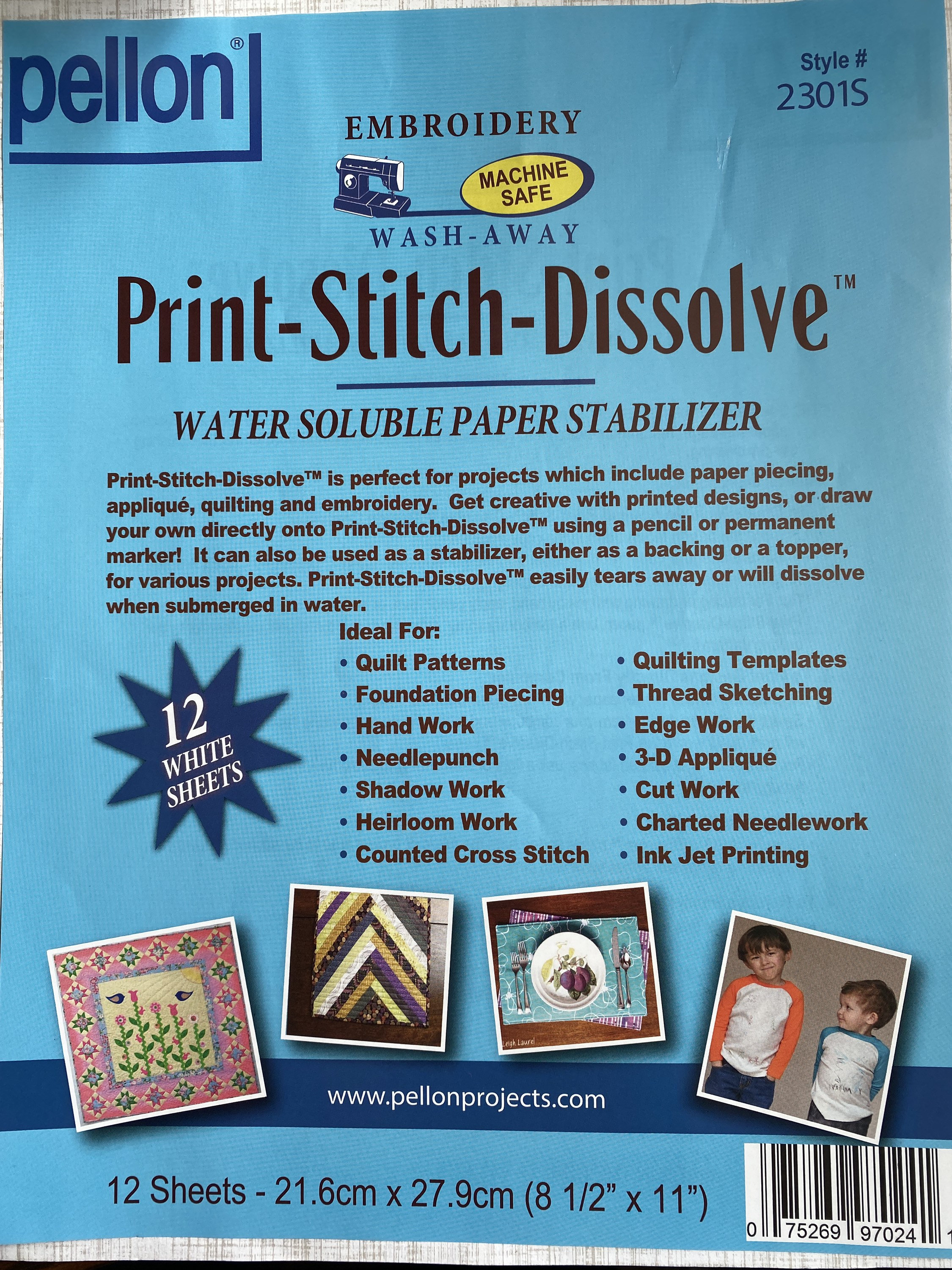 Pellon Print Stitch Dissolve, Pellon 2301S, Water Soluble Paper ...