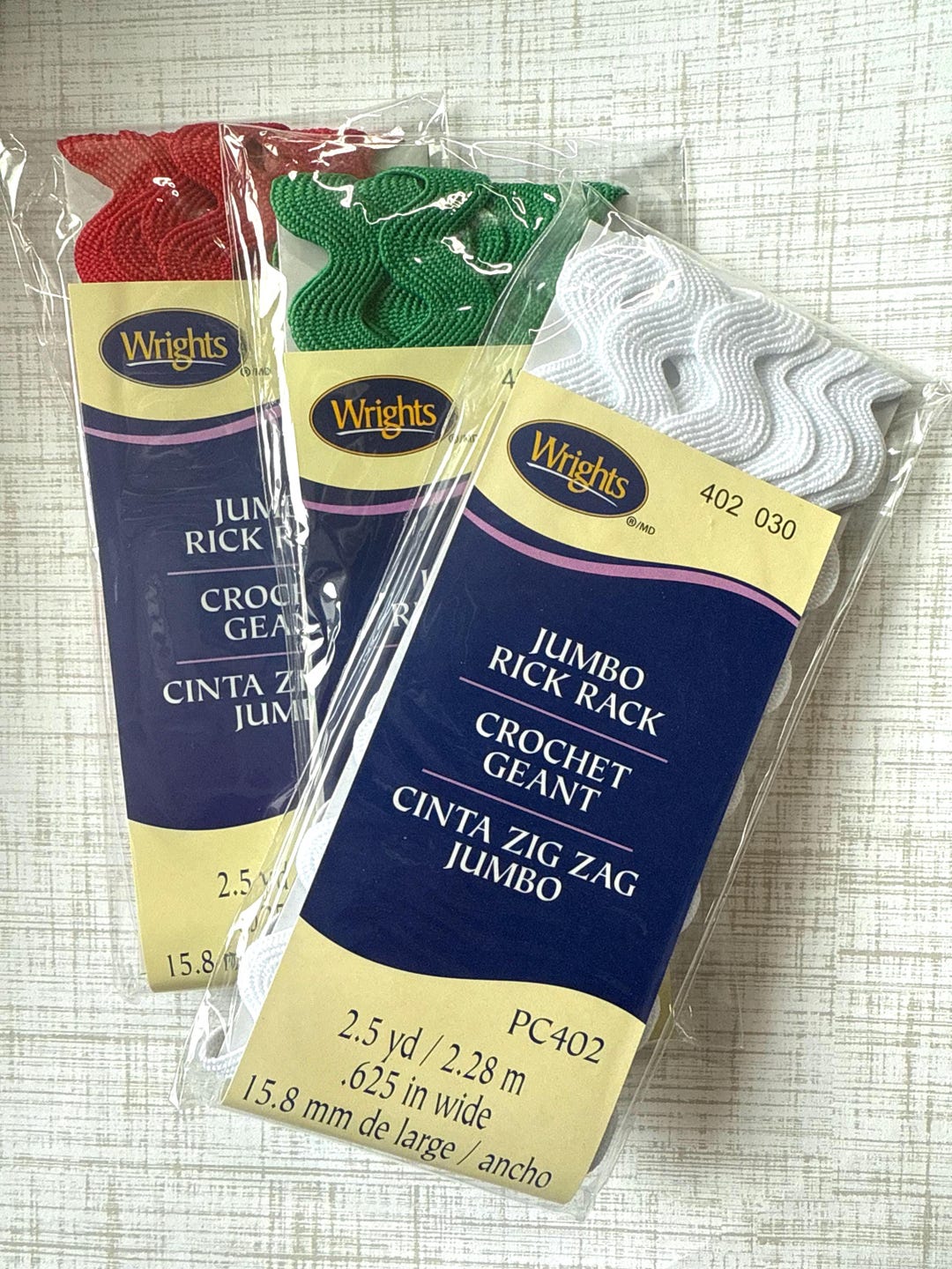 Wrights Rick Rack Jumbo, HOLIDAY Red Green WHITE, .625 in Wide. 2.5 Yd ...