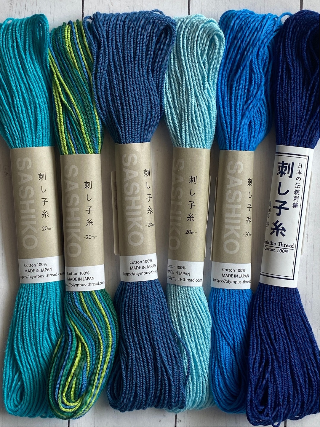 Olympus Sashiko Thread, 6 AQUA BLUE Thread Colors, 20 Meters per Skein ...