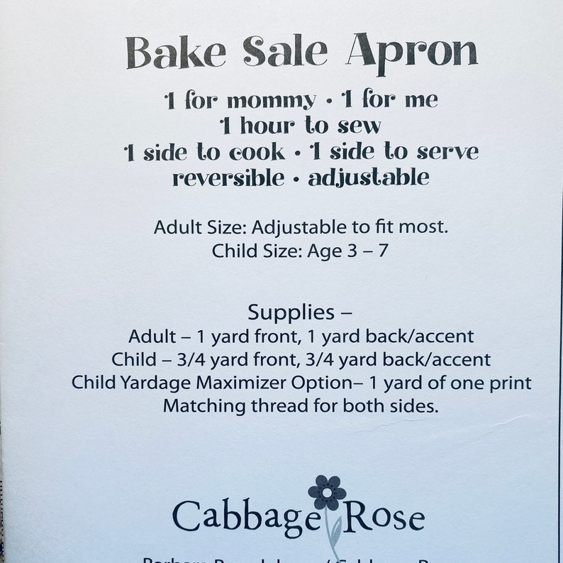 BAKE SALE APRON by Cabbage Rose Patterns 191-bake Child 3-7 | Etsy