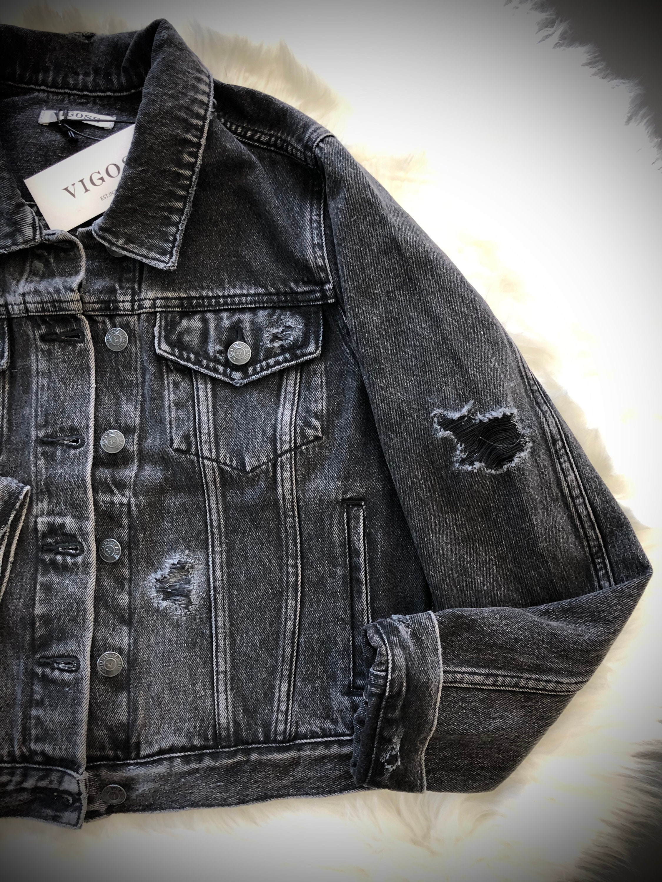 Black Ripped Denim Trucker Jacket Jean Jacket Distressed - Etsy