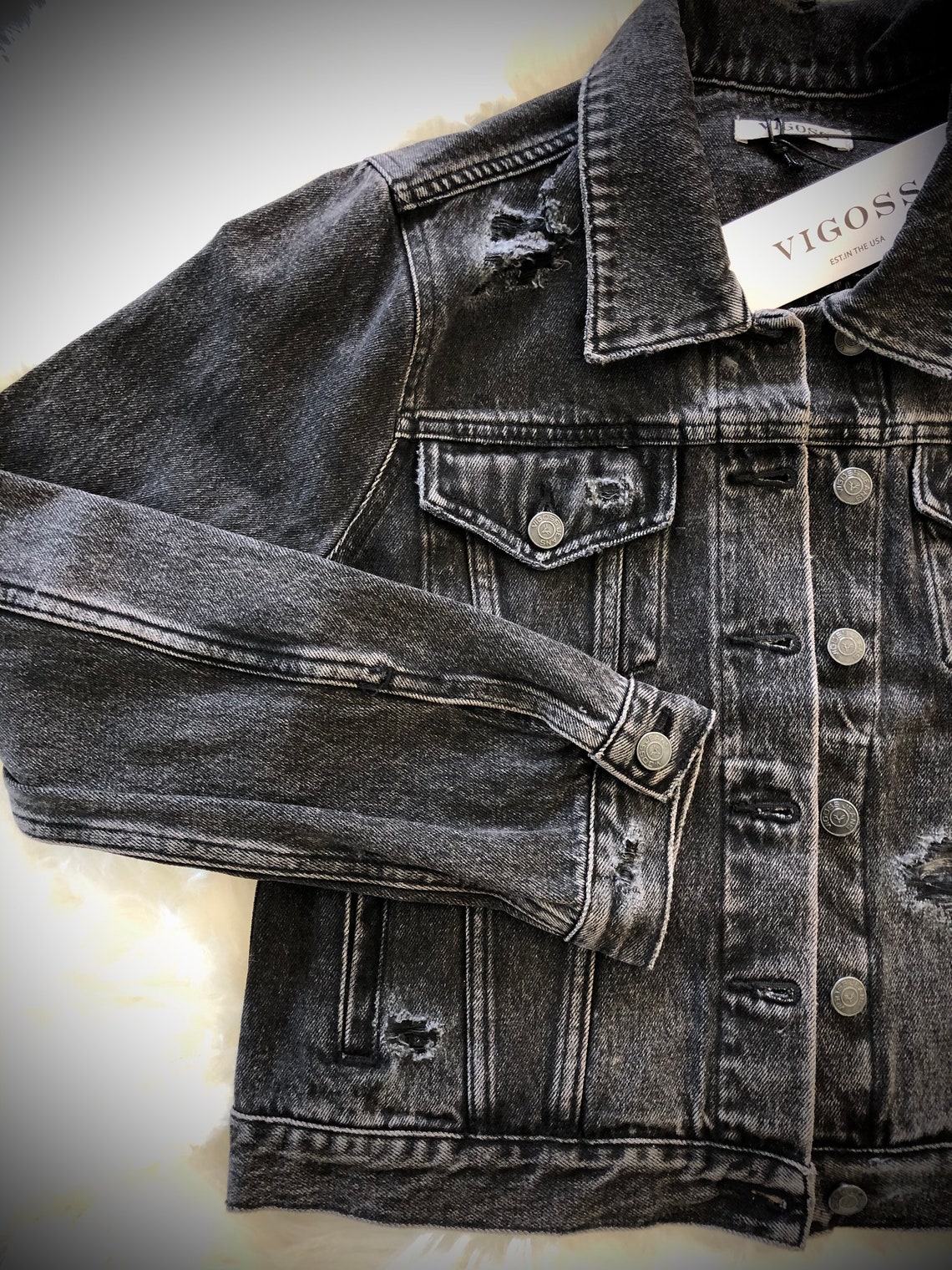 Black Ripped Denim Trucker Jacket Jean Jacket Distressed | Etsy