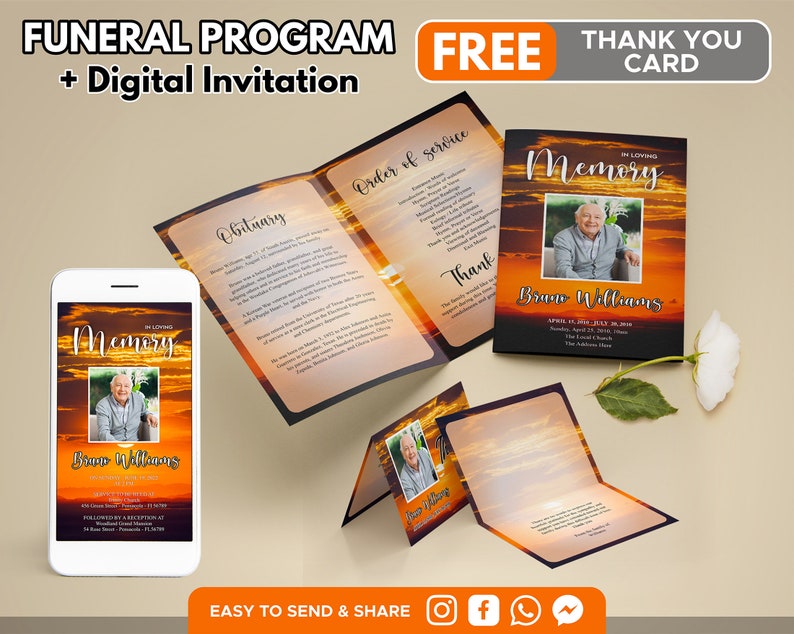 Editable Funeral Program Template With Free Thank You Card and Digital ...
