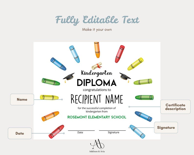 Editable Printable Preschool Kindergarten Diploma. Customizable ...