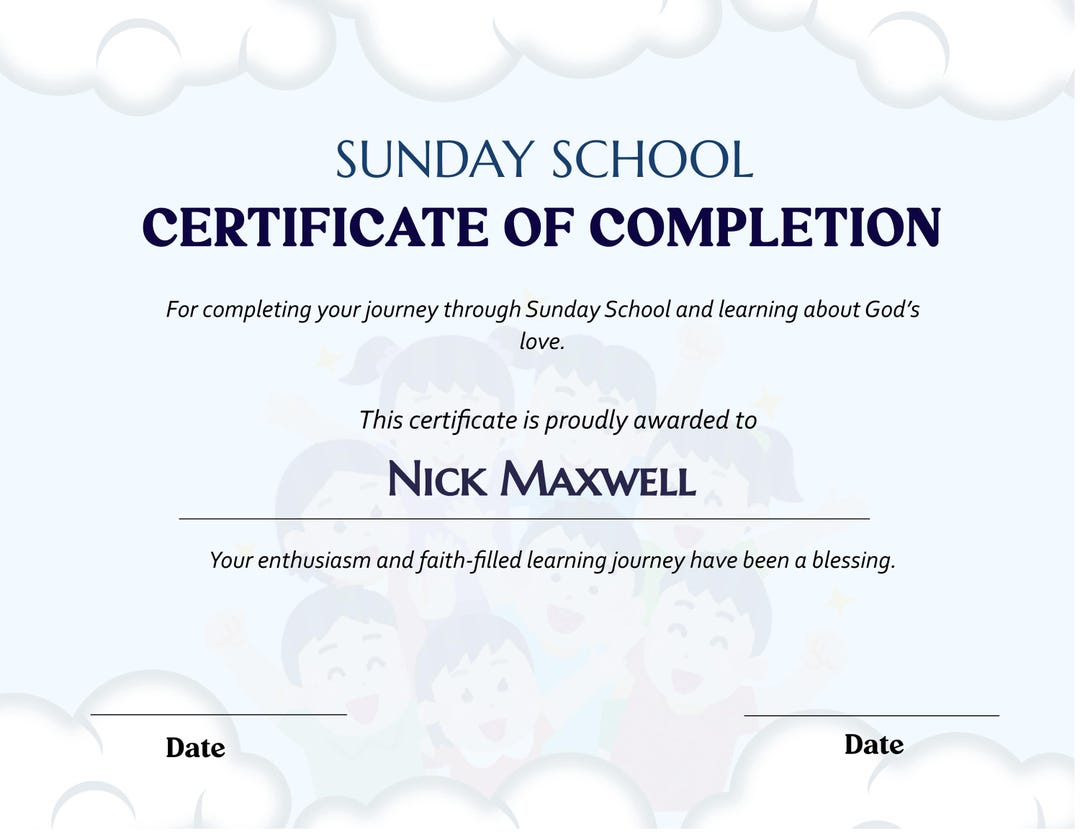 Editable Certificate of Completion Sunday School Template. Printable ...