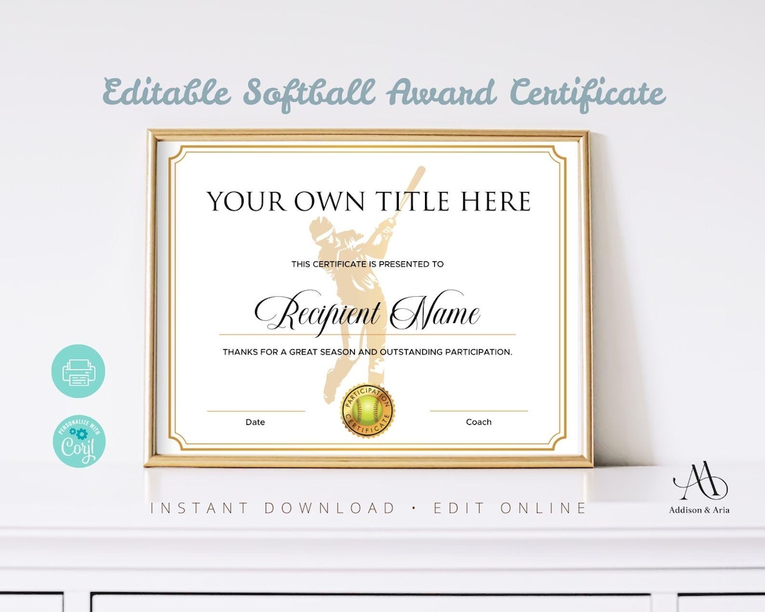 Editable Softball Award Certificate Template. Printable Softball ...