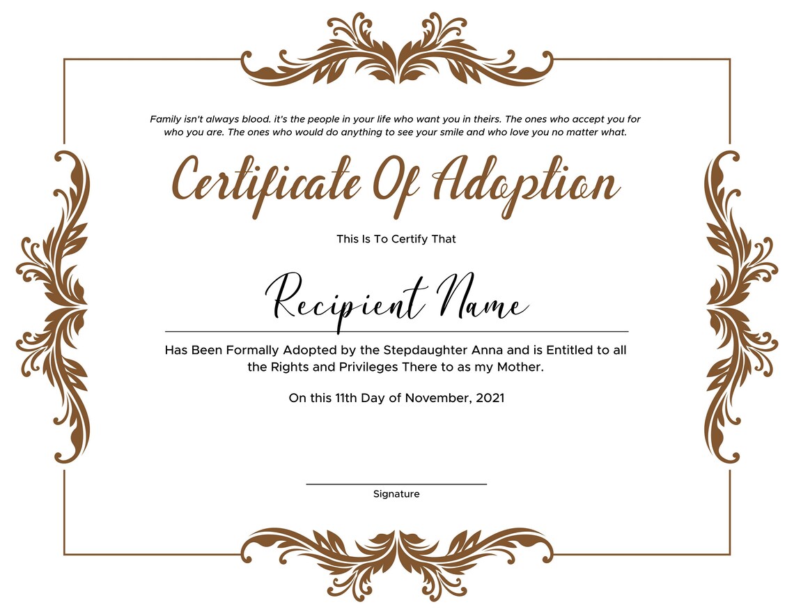 Certificate of Adoption to Our Family. Editable Printable Adoption ...