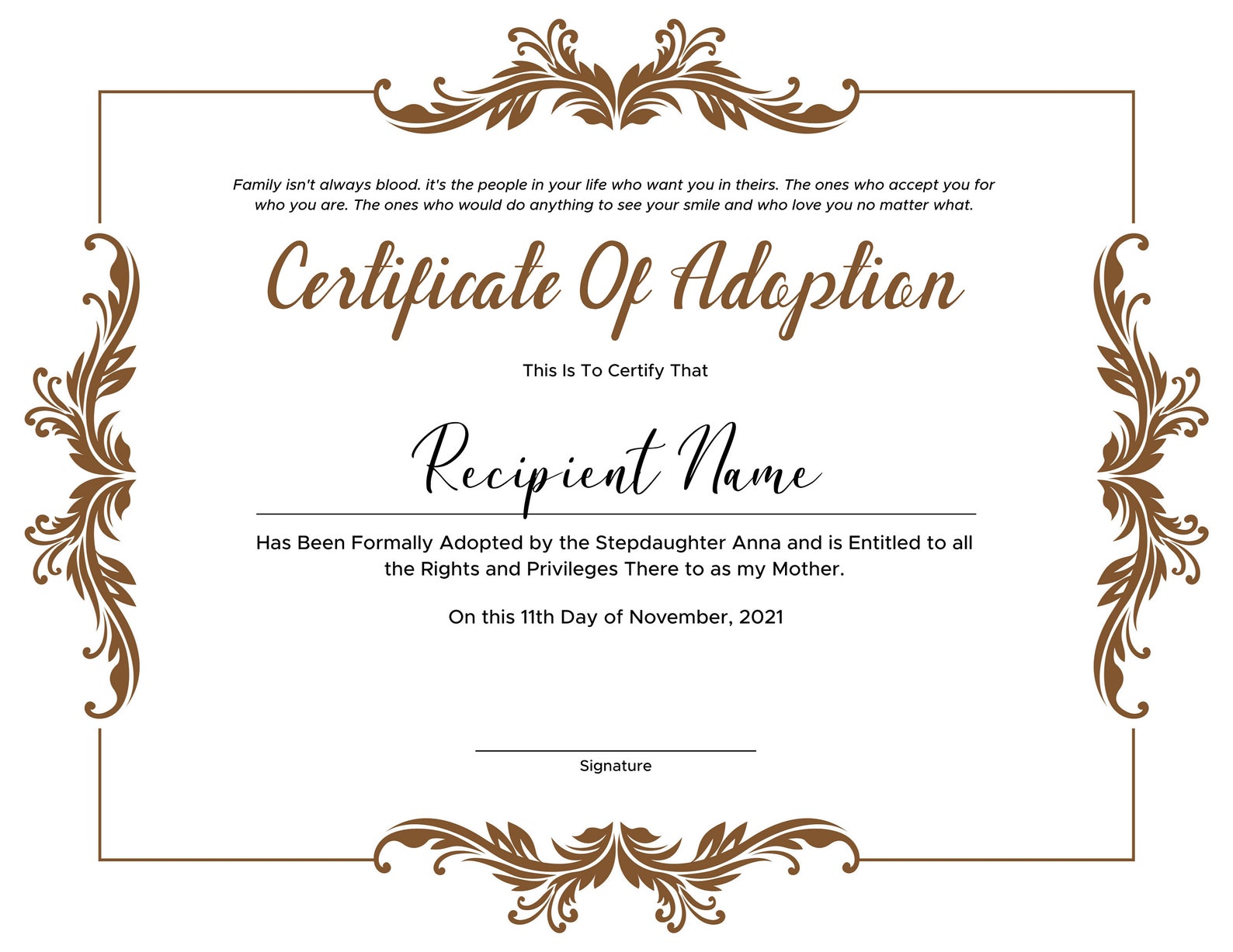 Certificate of Adoption to Our Family. Editable Printable Adoption ...
