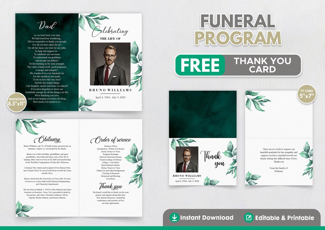 Editable Funeral Program Template With Free Thank You Card and Digital ...