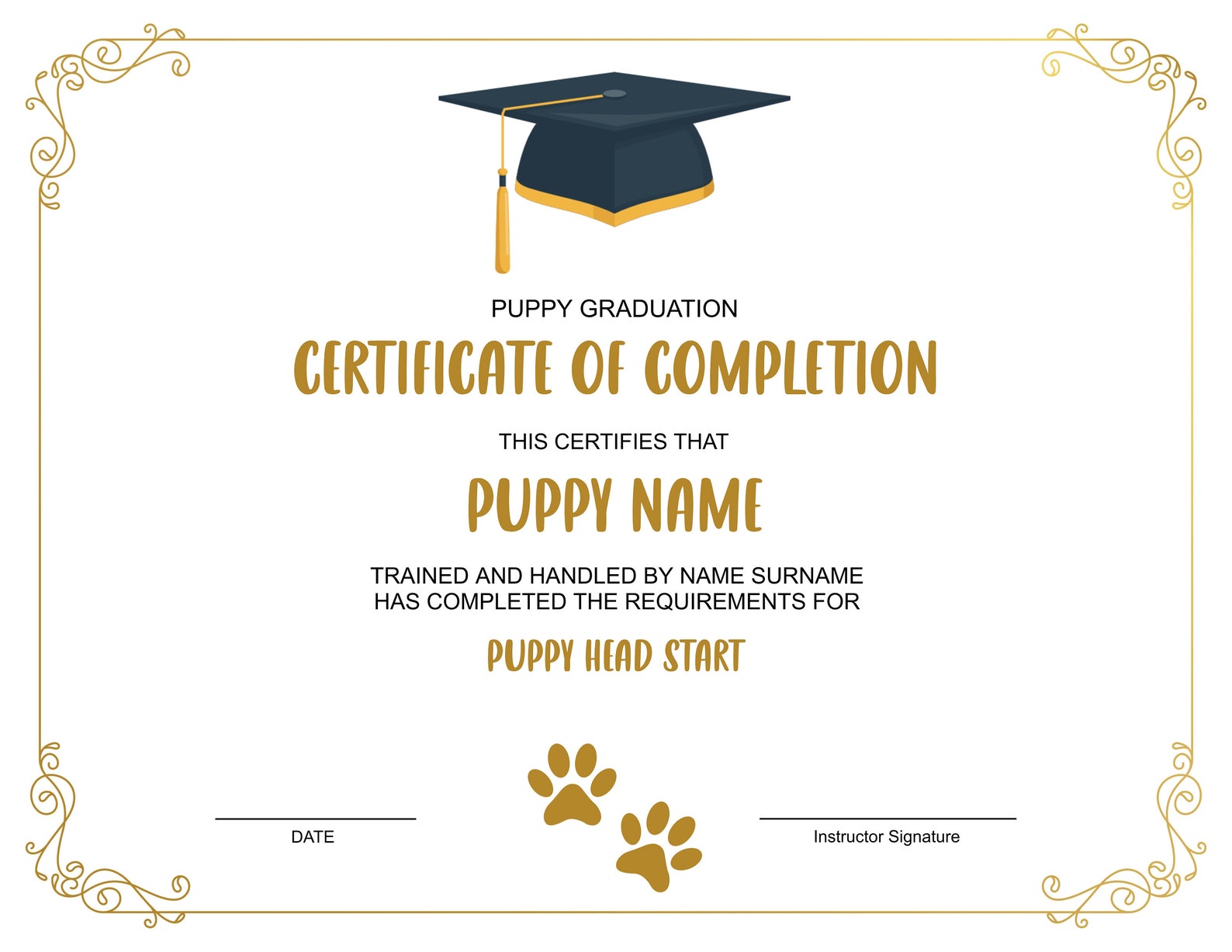 Puppy Graduation Certificate Template. Editable Certificate of ...