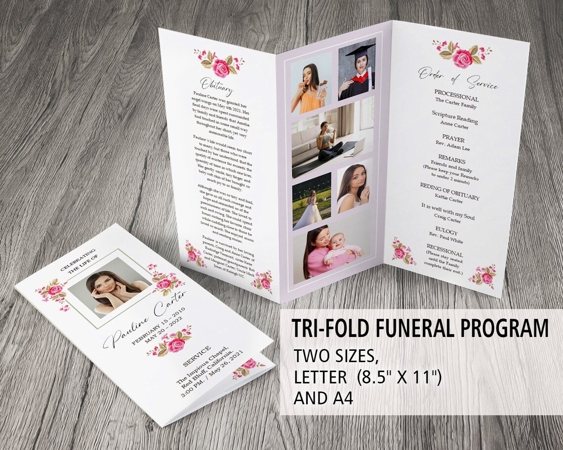 Trifold Funeral Program Template Obituary Template | Etsy