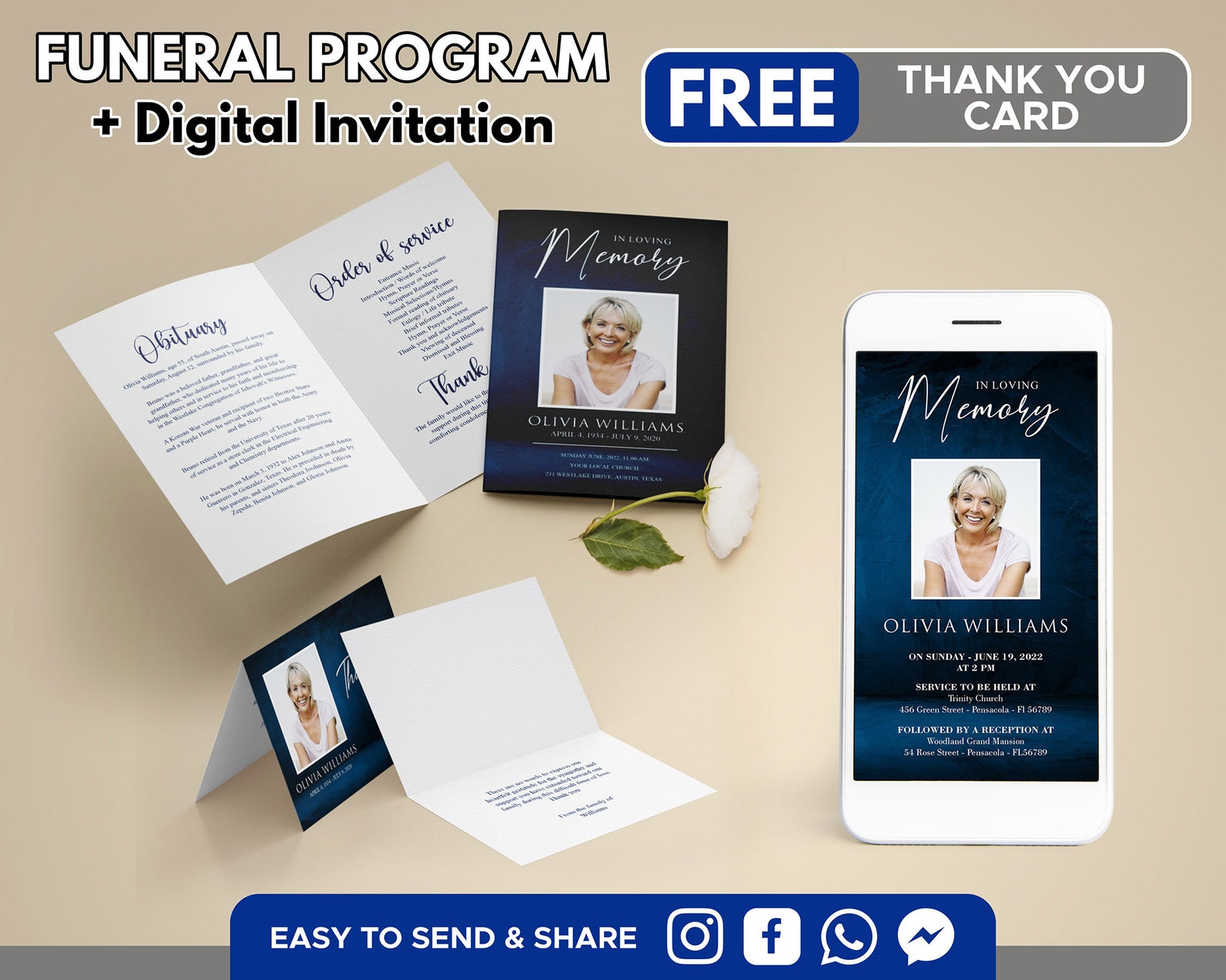 Editable Funeral Program Template With Free Thank You Card and - Etsy
