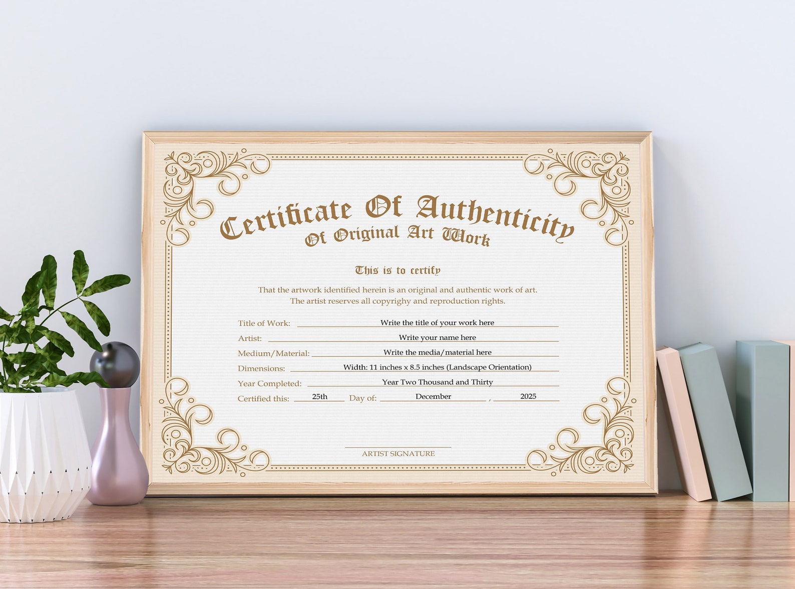 Printable Blank PDF Certificate of Authenticity for Artwork. DIY ...