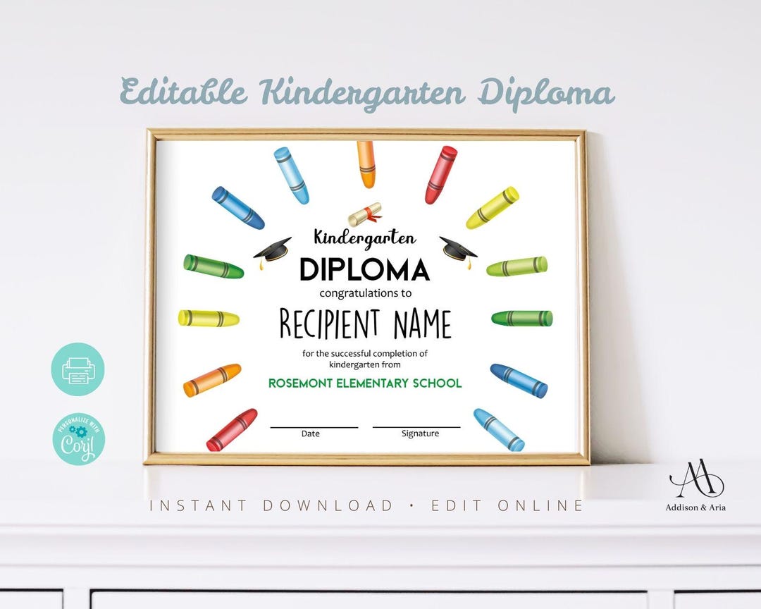 Editable Printable Preschool Kindergarten Diploma. Customizable ...