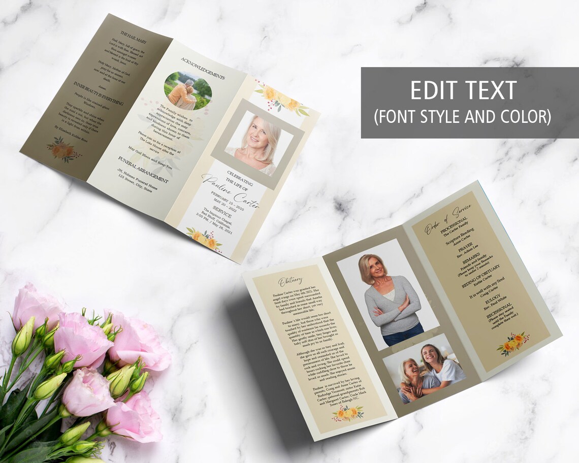 Trifold Funeral Program Template Obituary Template - Etsy