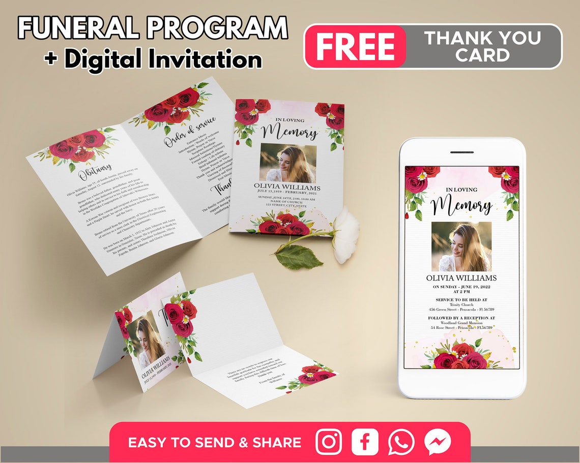 Editable Floral Rose Funeral Program Template With Free Thank - Etsy