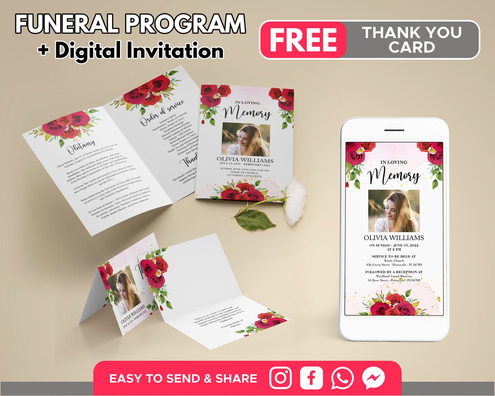 Editable Floral Rose Funeral Program Template With Free Thank - Etsy