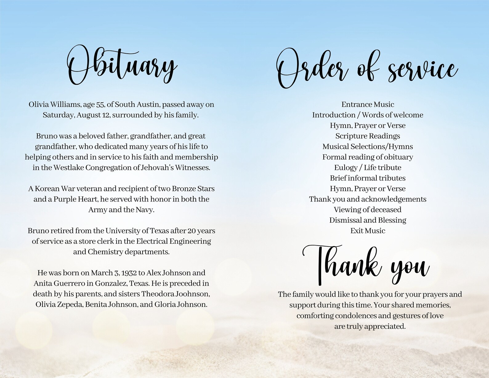 Editable Sea Ocean Funeral Program Template With Free Thank | Etsy