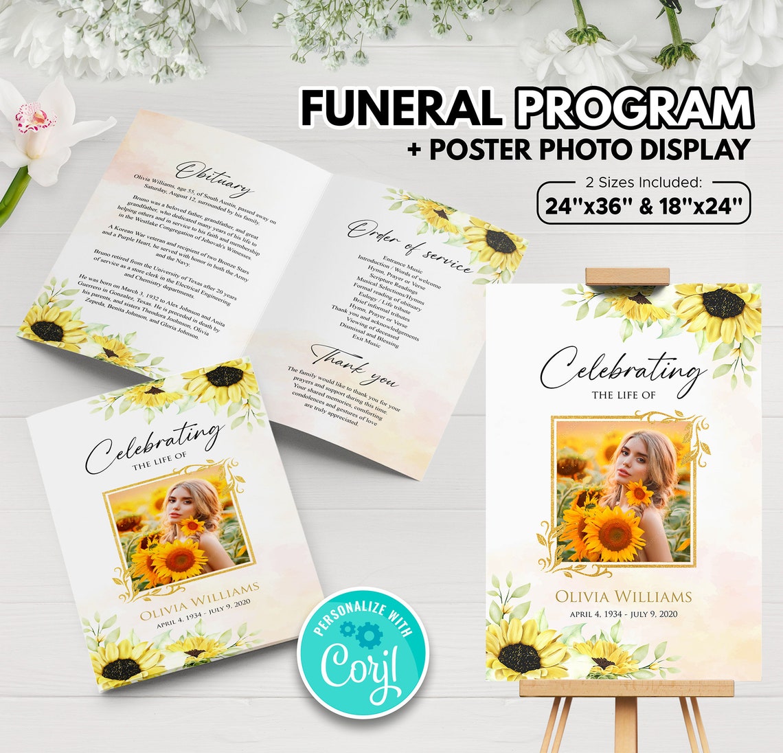 Editable Sunflower Funeral Program Template & Welcome Sign ...