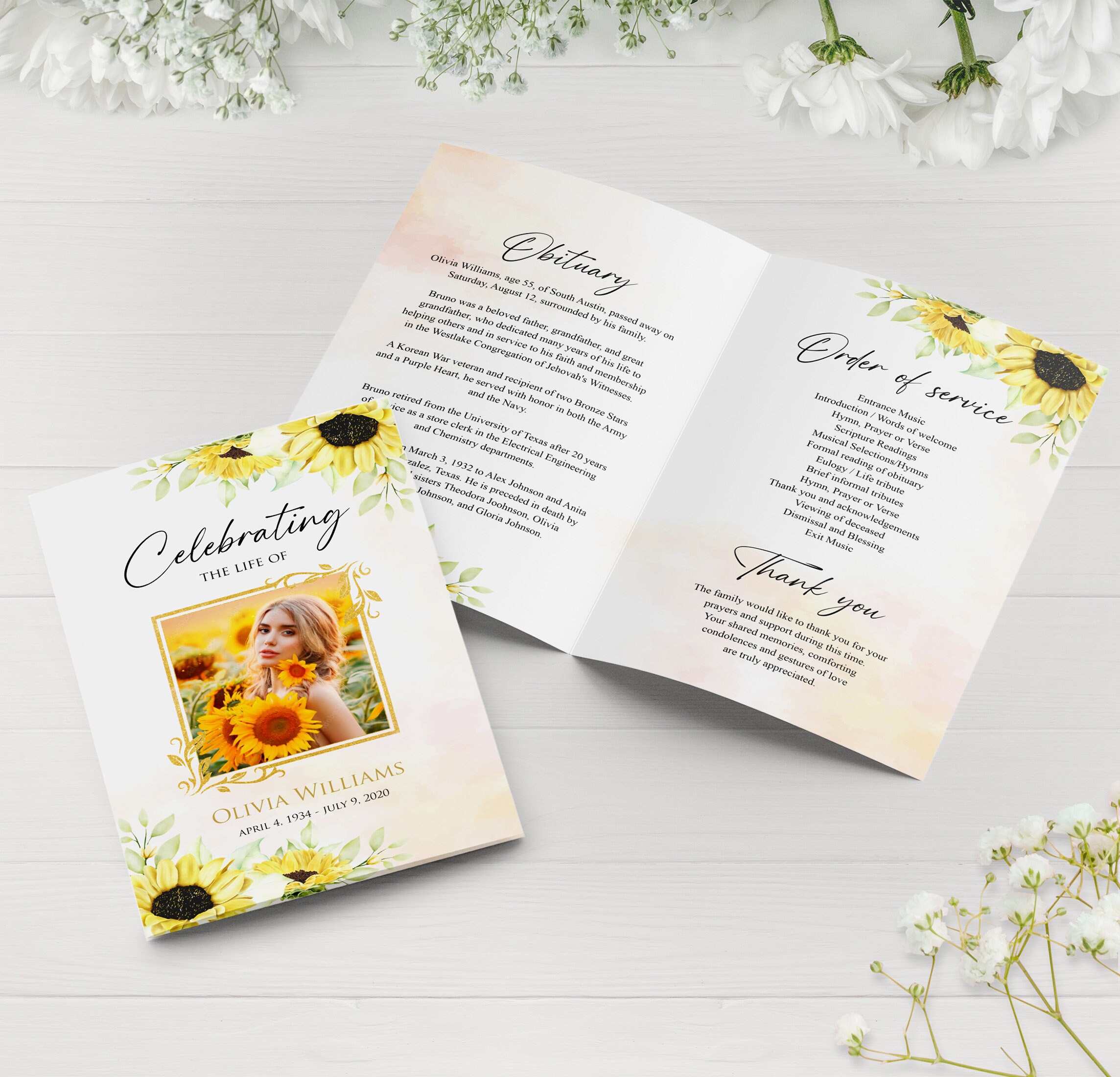 Editable Sunflower Funeral Program Template & Welcome Sign - Etsy