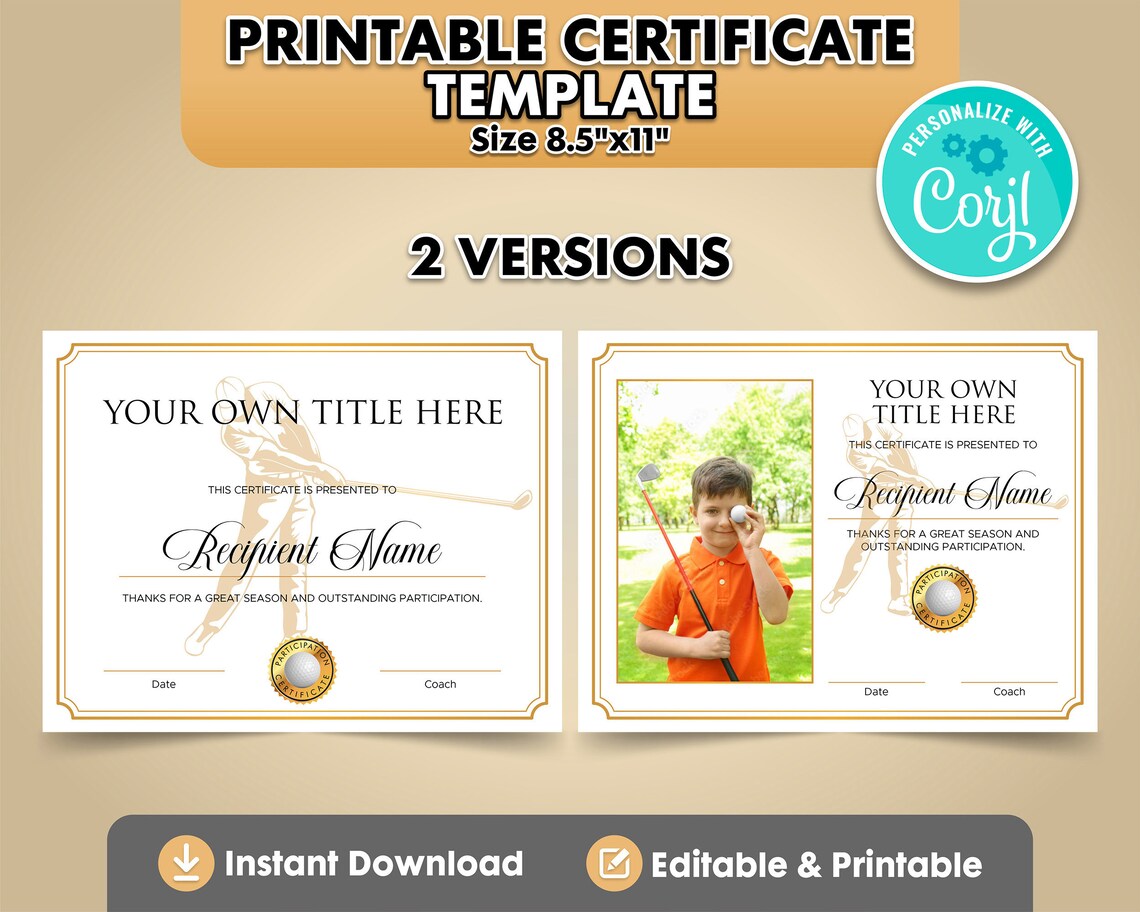 Editable Golf Award Certificates 2 Versions. Customizable | Etsy