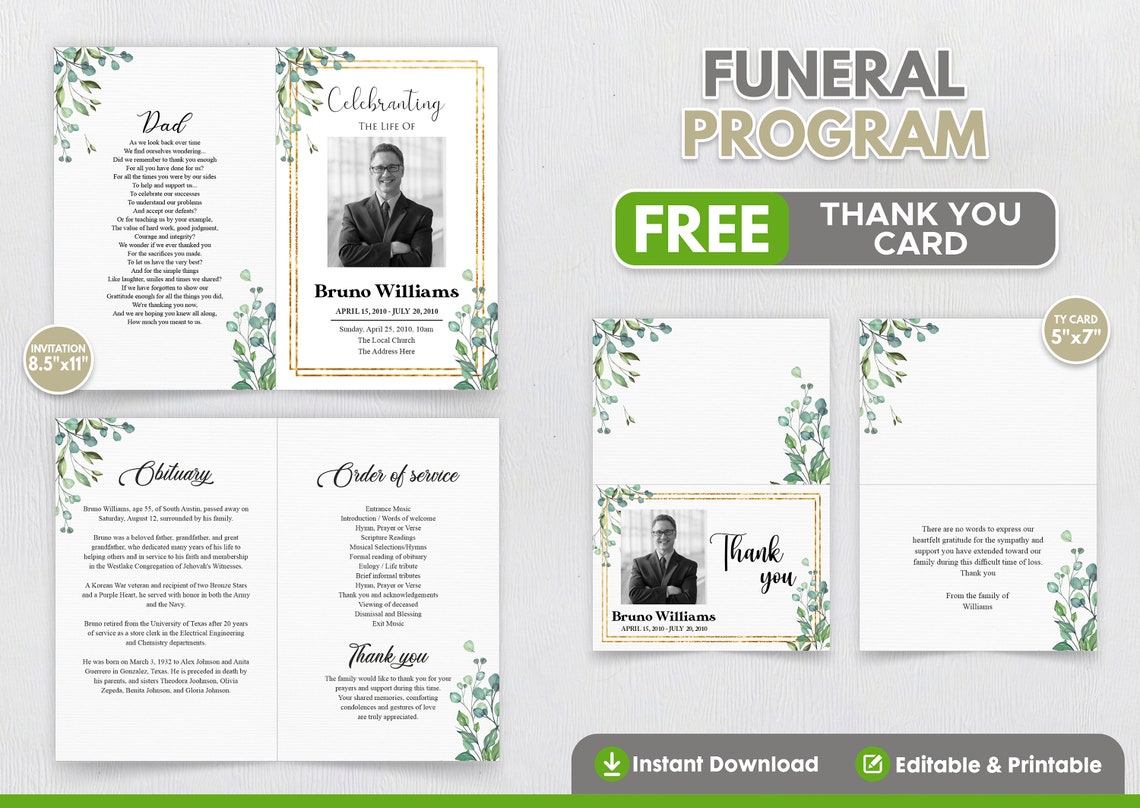 Editable Funeral Program Template With Free Thank You Card and Digital ...