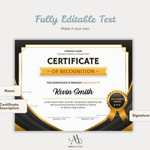 Editable Certificate of Recognition Template. Editable Printable ...