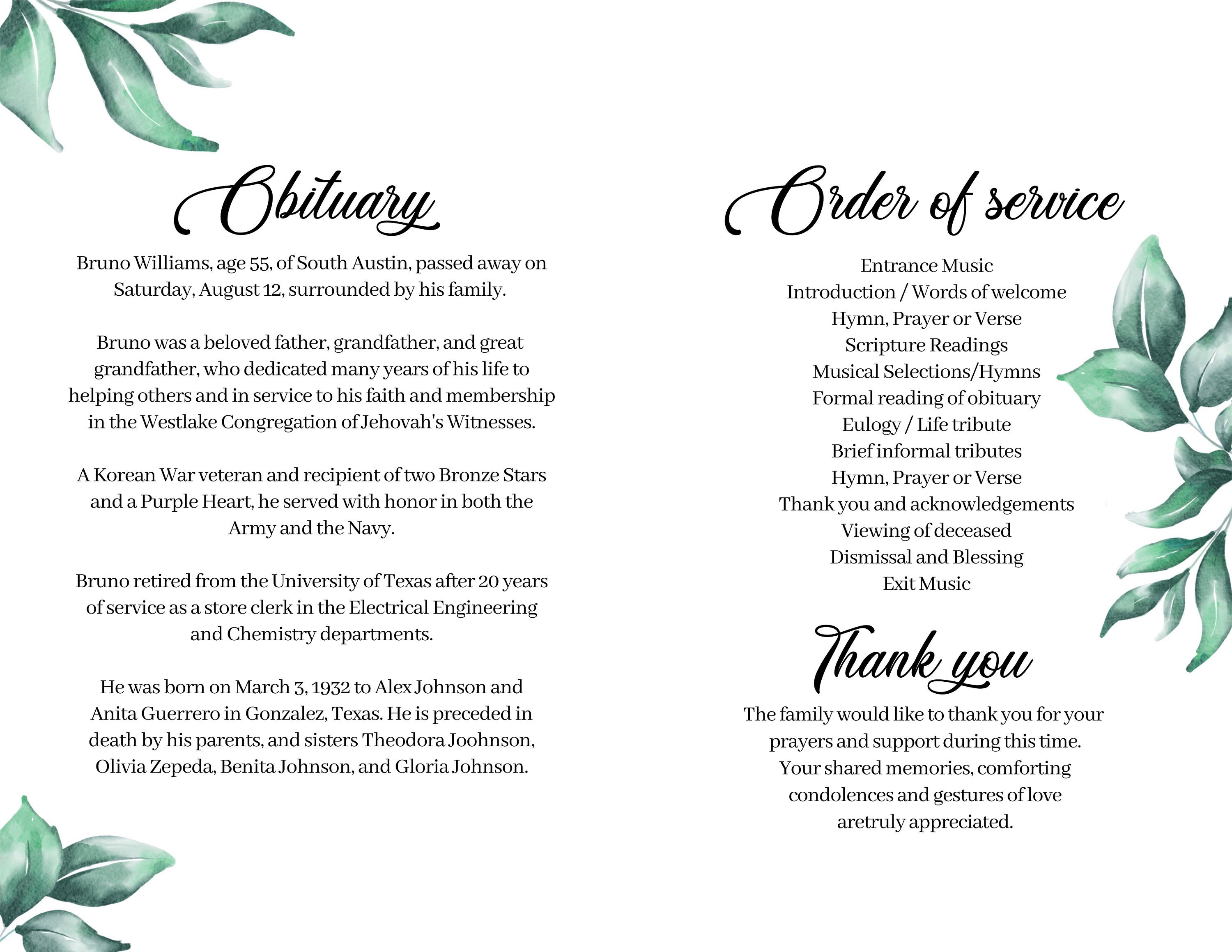 Editable Funeral Program Template With Free Thank You Card and Digital ...