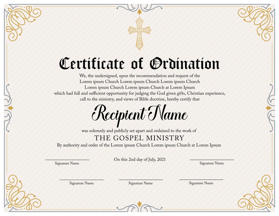 Editable Ordained Minister Certificate Template. Printable Certificate ...