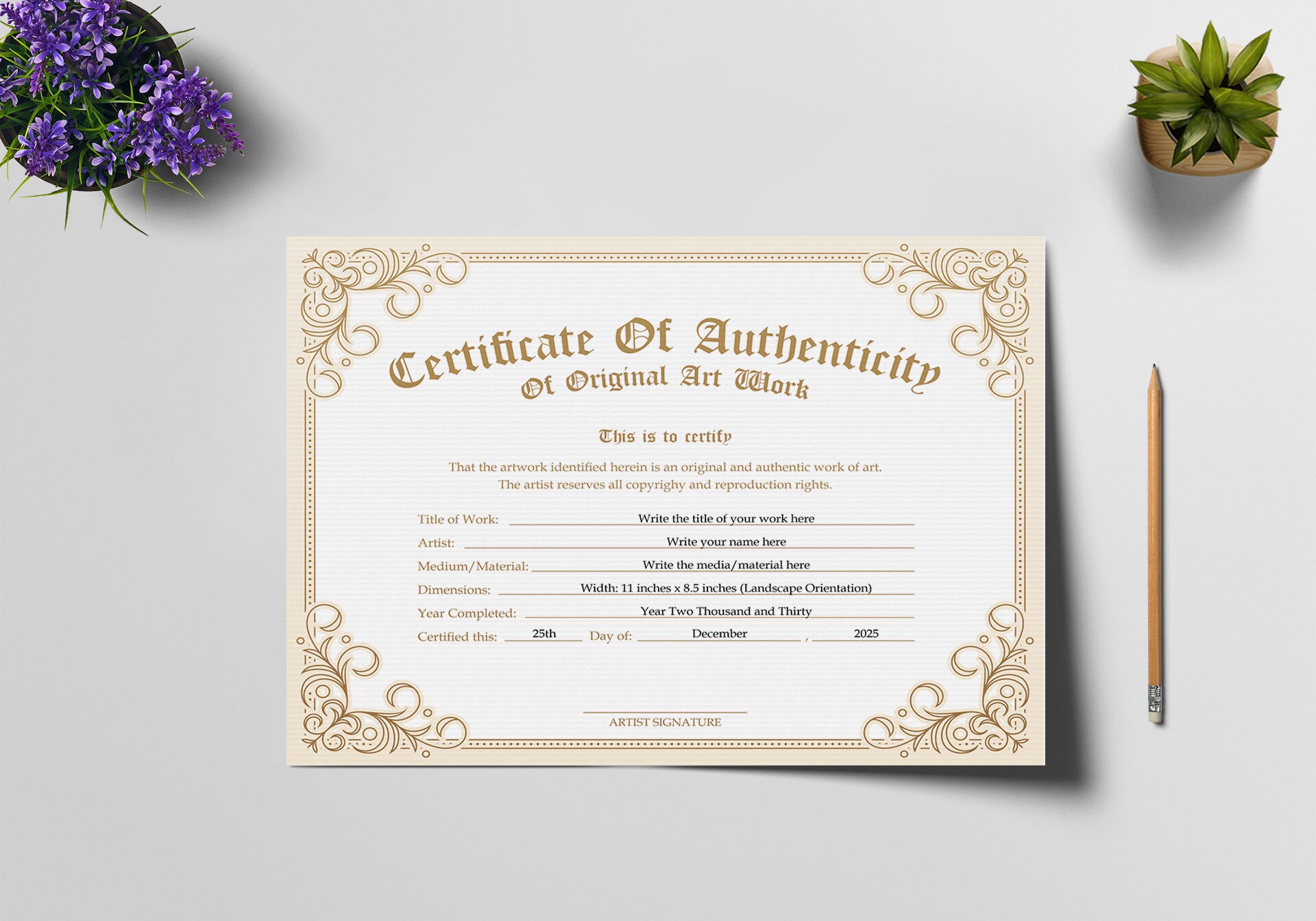 Printable Blank PDF Certificate of Authenticity for Artwork. DIY ...