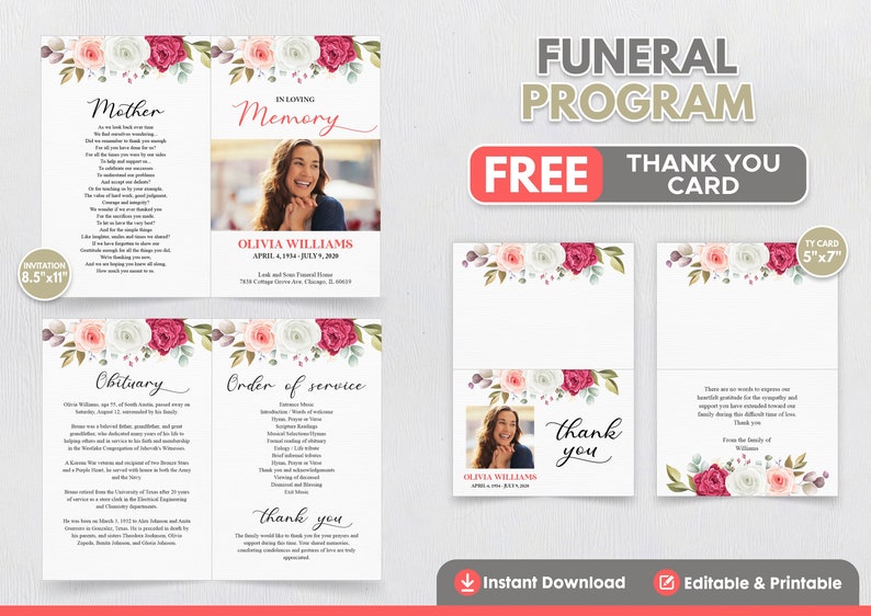 Editable Floral Geometric Funeral Program Template With Free Thank You ...