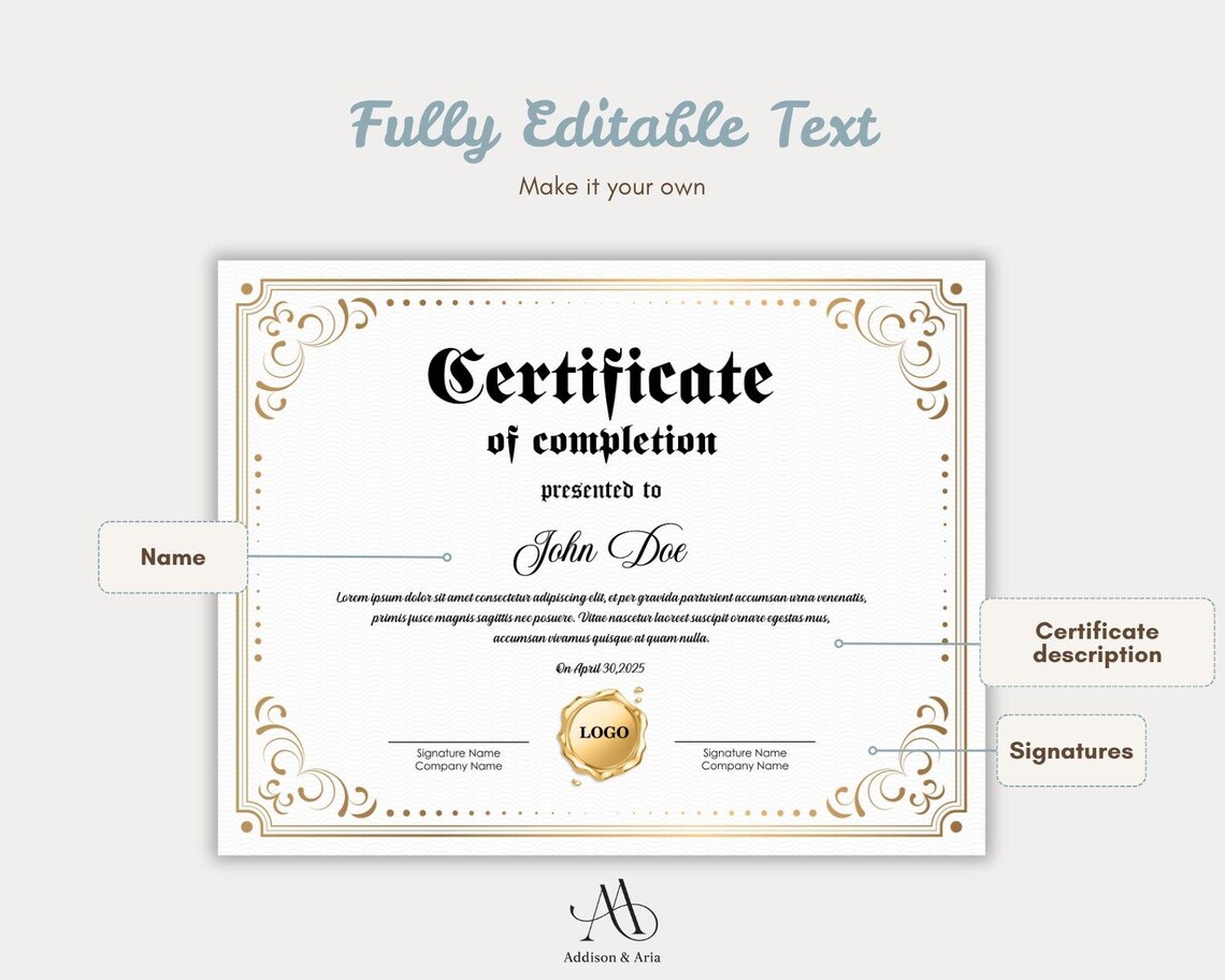 Editable Certificate of Completion Template. Editable Printable ...