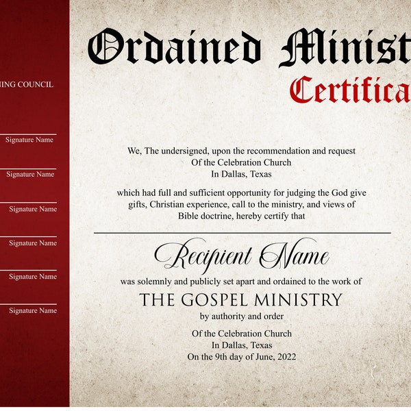 Editable Ordained Minister Certificate Template - Etsy